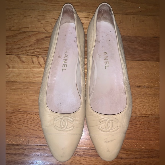 CHANEL | Shoes | Chanel Cap Toe Ballet Flats Beige 85 Authentic | Poshmark
